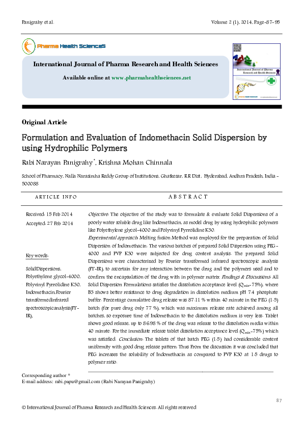 Pdf Formulation And Evaluation Of Indomethacin Solid Dispersion By Using Hydrophilic Polymers