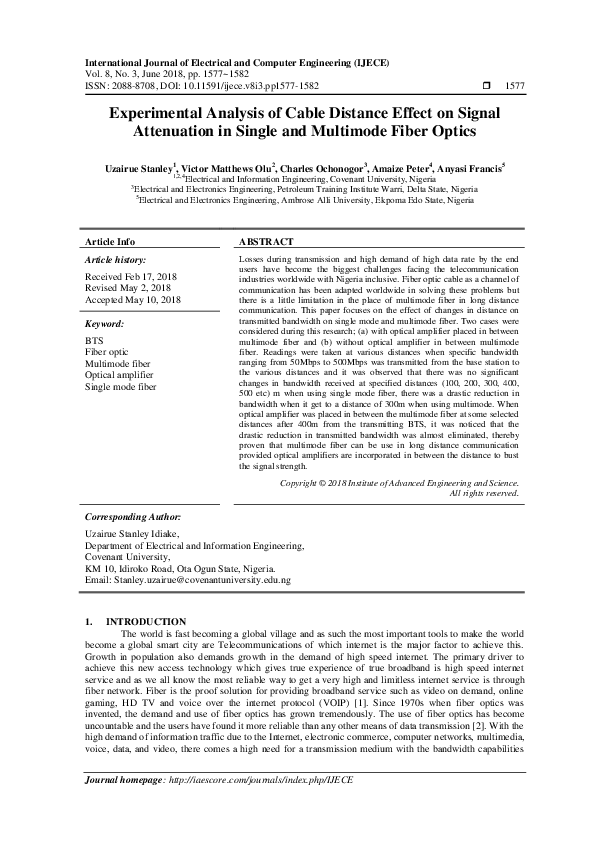 (PDF) Experimental Analysis of Cable Distance Effect on Signal ...