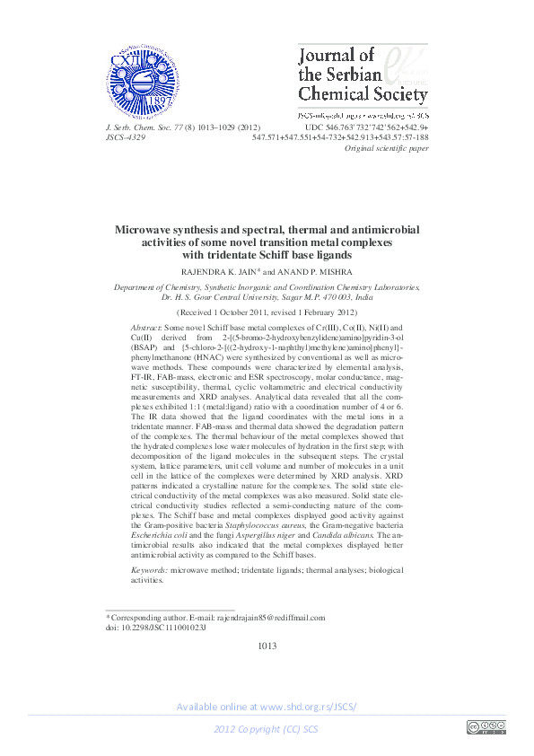 (PDF) Microwave synthesis and spectral, thermal and antimicrobial activities of some novel ...