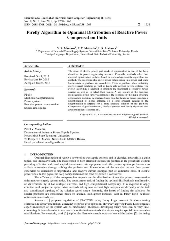 Pdf Firefly Algorithm To Opmimal Distribution Of Reactive Power