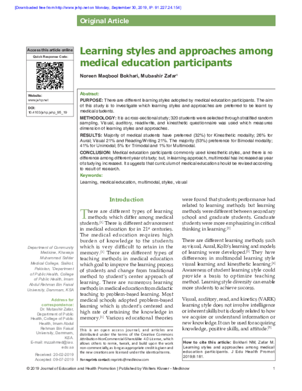 (PDF) Learning styles and approaches among medical education participants