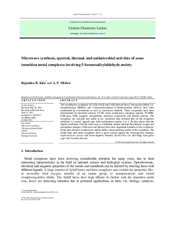 (PDF) Microwave synthesis, spectral, thermal, and antimicrobial activities of some transition ...
