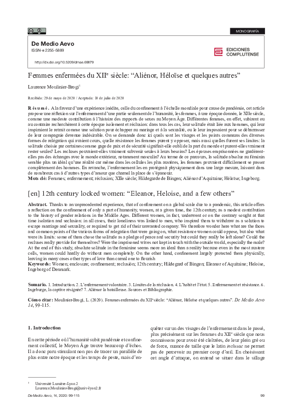 (PDF) Femmes enfermées du XII e siècle: "Aliénor, Héloïse et quelques autres"