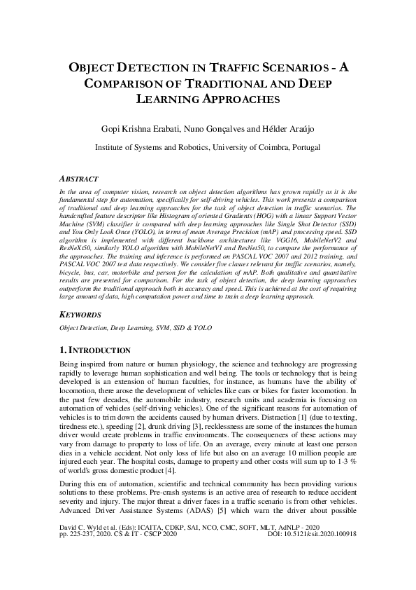 Pdf Object Detection In Traffic Scenarios A Comparison Of Traditional And Deep Learning