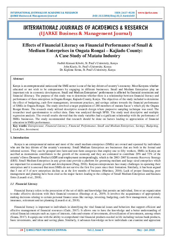 (PDF) Effects of Financial Literacy on Financial Performance of Small & Medium Enterprises in ...