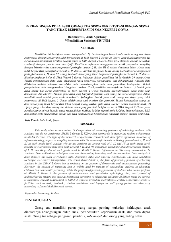 (PDF) PERBANDINGAN POLA ASUH ORANG TUA SISWA BERPRESTASI DENGAN SISWA YANG TIDAK BERPRESTASI DI ...