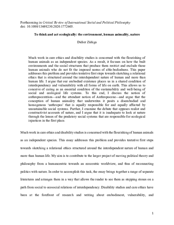 (PDF) To think and act ecologically: the environment, human animality ...