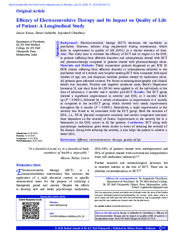 (PDF) Efficacy of Electroconvulsive Therapy and Its Impact on Quality of Life of Patient: A ...