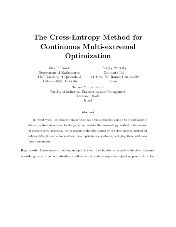 (PDF) Cross-Entropy Method for Optimiz