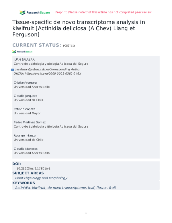 (PDF) Tissue-specific de novo transcriptome analysis in kiwifruit ...