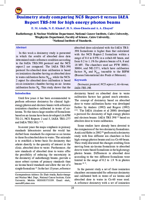 (PDF) Dosimetry study comparing NCS report-2 versus IAEA report TRS-398 for high energy photon ...