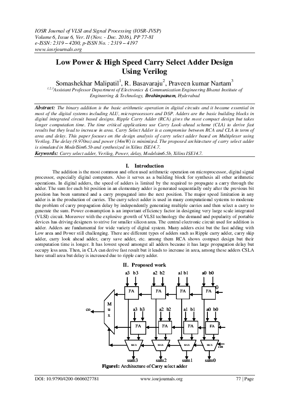 Pdf Low Power And High Speed Carry Select Adder Design Using Verilog