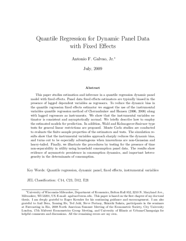 Pdf Quantile Regression For Dynamic Panel Data With Fixed Effects