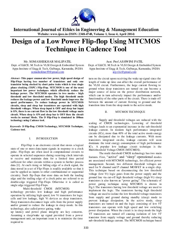 (PDF) Design of a Low Power Flip-flop Using MTCMOS Technique in Cadence Tool