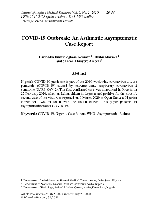 (PDF) COVID-19 Outbreak: An Asthmatic Asymptomatic Case Report