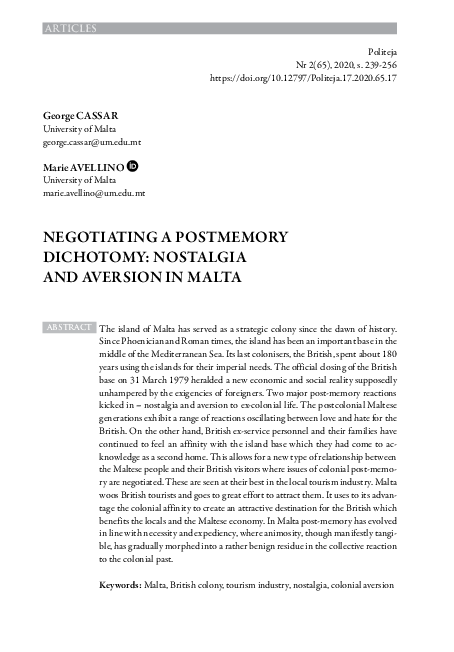 (PDF) Negotiating a Postmemory Dichotomy: Nostalgia and aversion in Malta