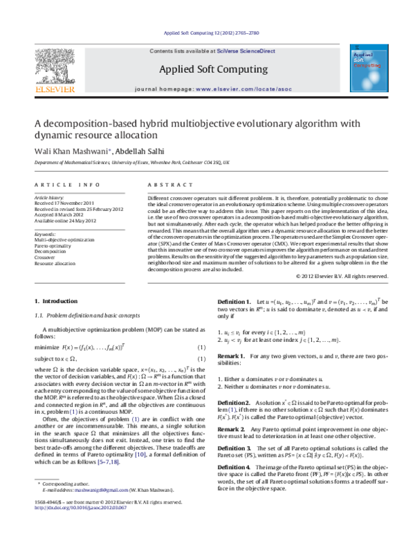 Pdf A Decomposition Based Hybrid Multiobjective Evolutionary Algorithm With Dynamic Resource