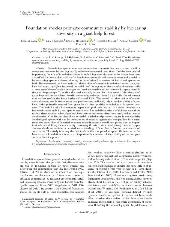 (PDF) Foundation species promote community stability by increasing ...