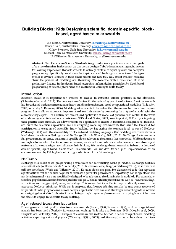 (PDF) Building blocks: kids designing scientific, domain-specific, block- based, agent-based ...