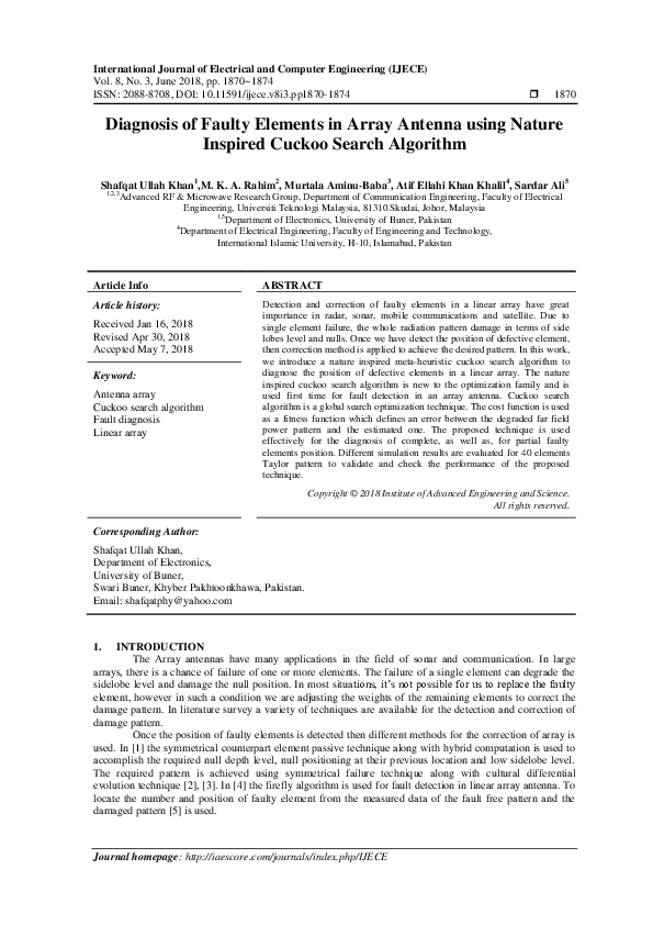 (PDF) Diagnosis of Faulty Elements in Array Antenna using Nature Inspired Cuckoo Search Algorithm
