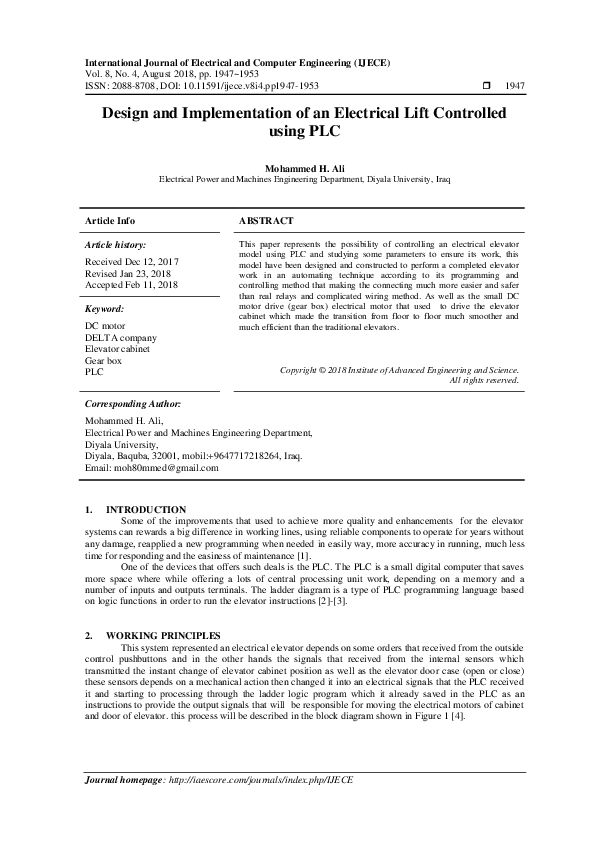 (PDF) Design and Implementation of an Electrical Lift Controlled using PLC