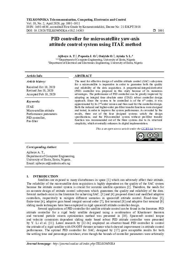 Pdf Pid Controller For Microsatellite Yaw Axis Attitude Control System Using Itae Method