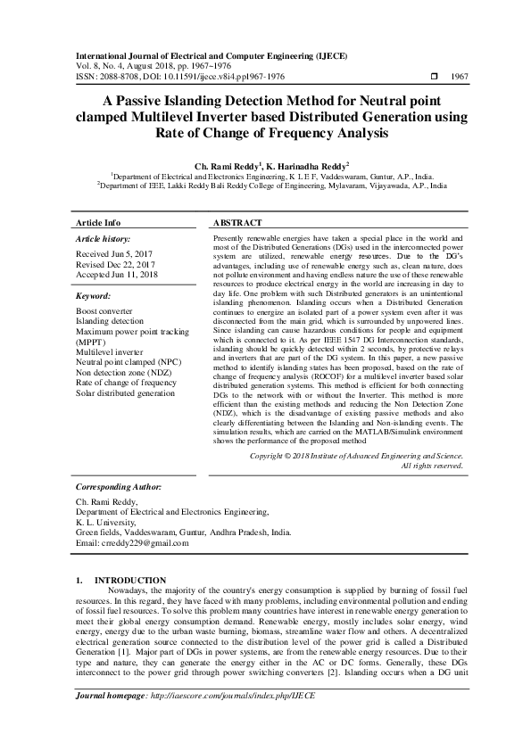 Pdf A Passive Islanding Detection Method For Neutral Point Clamped Multilevel Inverter Based