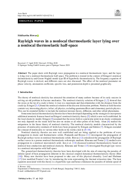 (PDF) Rayleigh waves in a nonlocal thermoelastic layer lying over a nonlocal thermoelastic half ...