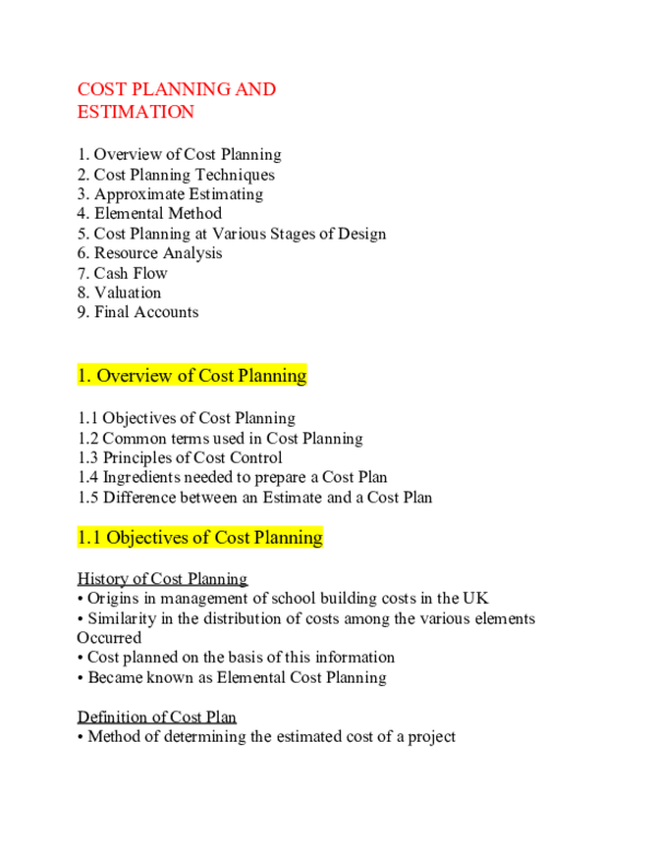 (DOC) COST PLANNING AND ESTIMATION