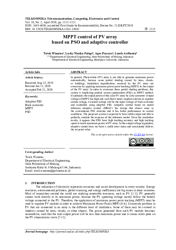 Pdf Mppt Control Of Pv Array Based On Pso And Adaptive Controller