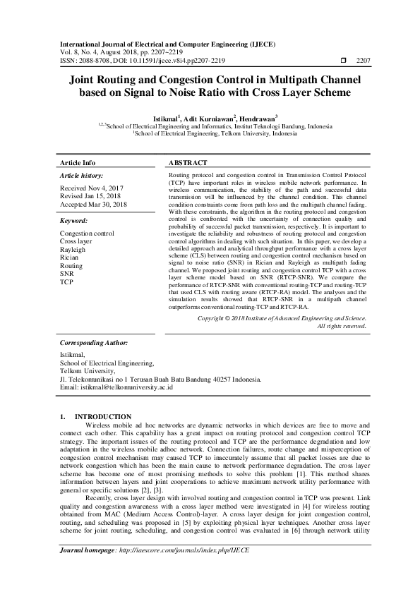 (PDF) Joint Routing and Congestion Control in Multipath Channel based on Signal to Noise Ratio ...