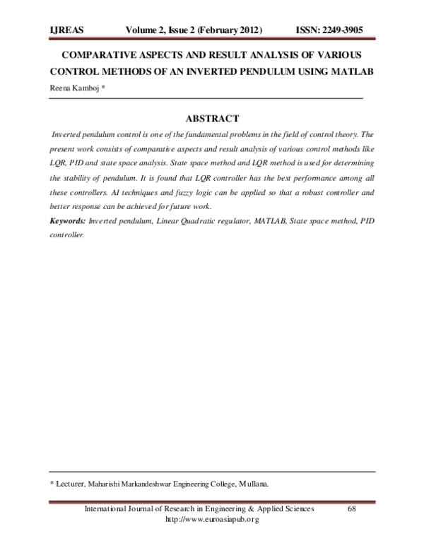 (PDF) COMPARATIVE ASPECTS AND RESULT ANALYSIS OF VARIOUS CONTROL METHODS OF AN INVERTED PENDULUM ...