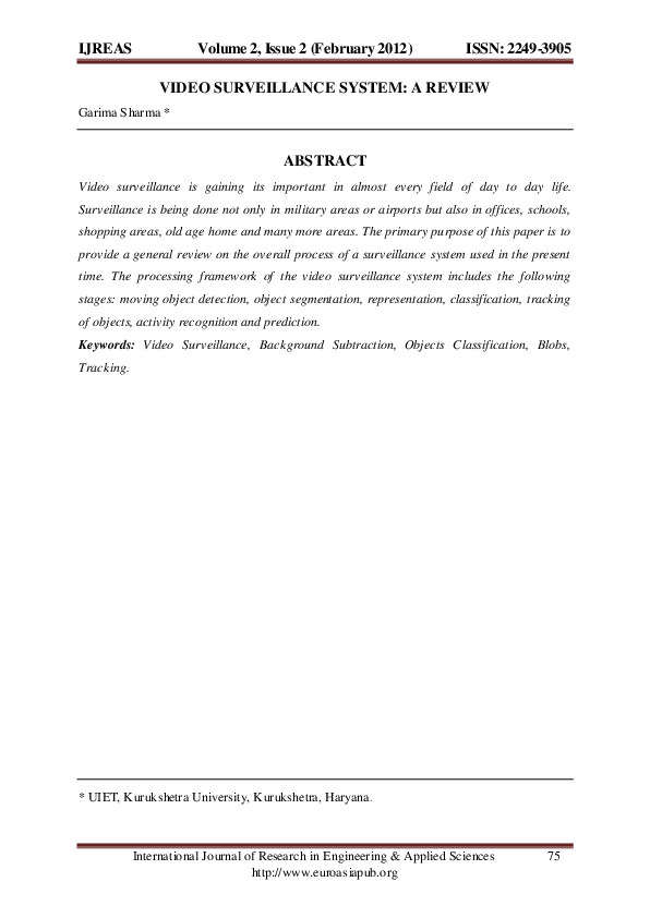 (PDF) VIDEO SURVEILLANCE SYSTEM: A REVIEW