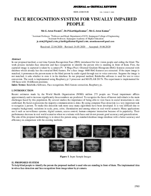 (PDF) FACE RECOGNITION SYSTEM FOR VISUALLY IMPAIRED PEOPLE