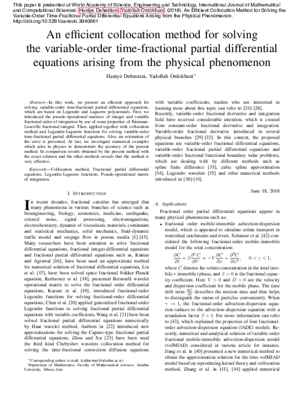 Pdf An Efficient Collocation Method For Solving The Variable Order Time Fractional Partial 