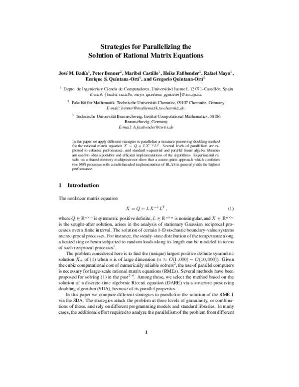 (PDF) Strategies for Parallelizing the Solution of Rational Matrix Equations | enrique s ...