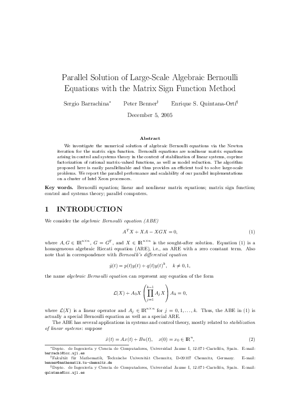 (PDF) Parallel Solution of Large-Scale Algebraic Bernoulli Equations with the Matrix Sign ...