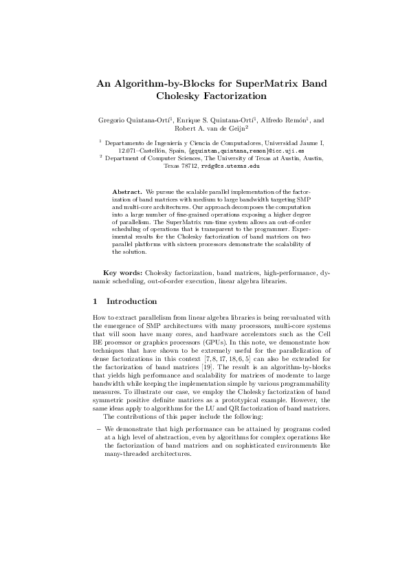 Pdf An Algorithm By Blocks For Supermatrix Band Cholesky Factorization