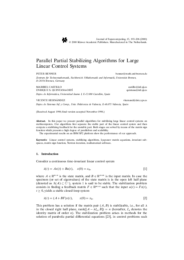 (PDF) Parallel partial stabilizing algorithms for large linear control systems