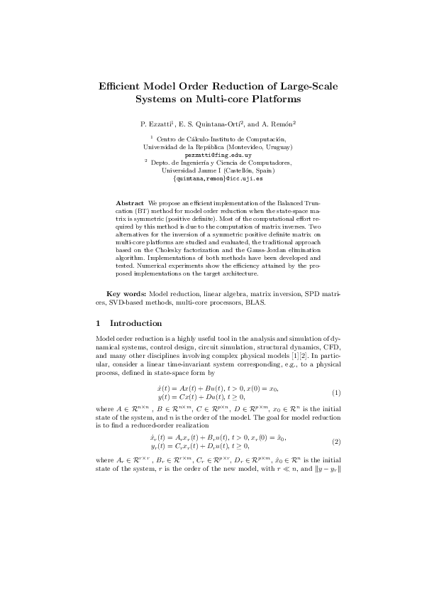Pdf Efficient Model Order Reduction Of Large Scale Systems On Multi Core Platforms