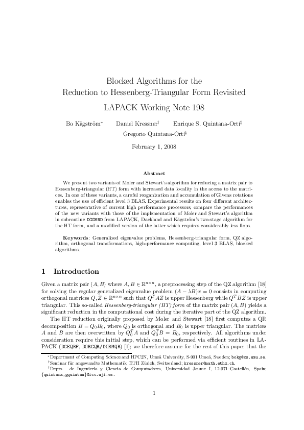Pdf Blocked Algorithms For The Reduction To Hessenberg Triangular Form Revisited
