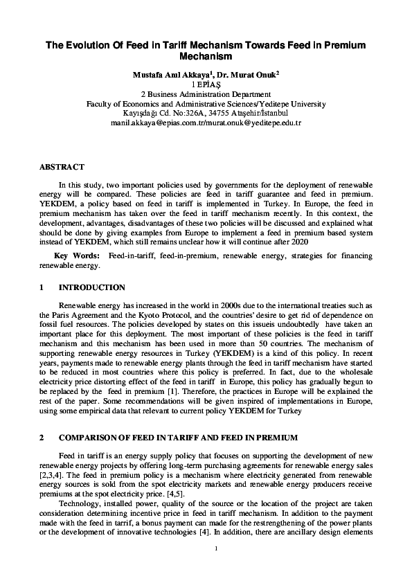 (PDF) The Evolution Of Feed in Tariff Mechanism Towards Feed in Premium ...