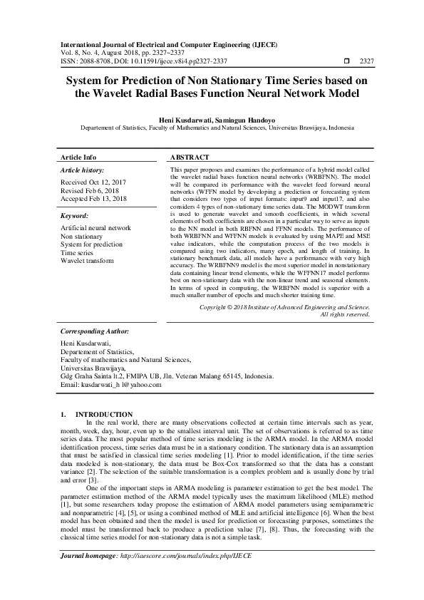 Pdf System For Prediction Of Non Stationary Time Series Based On The