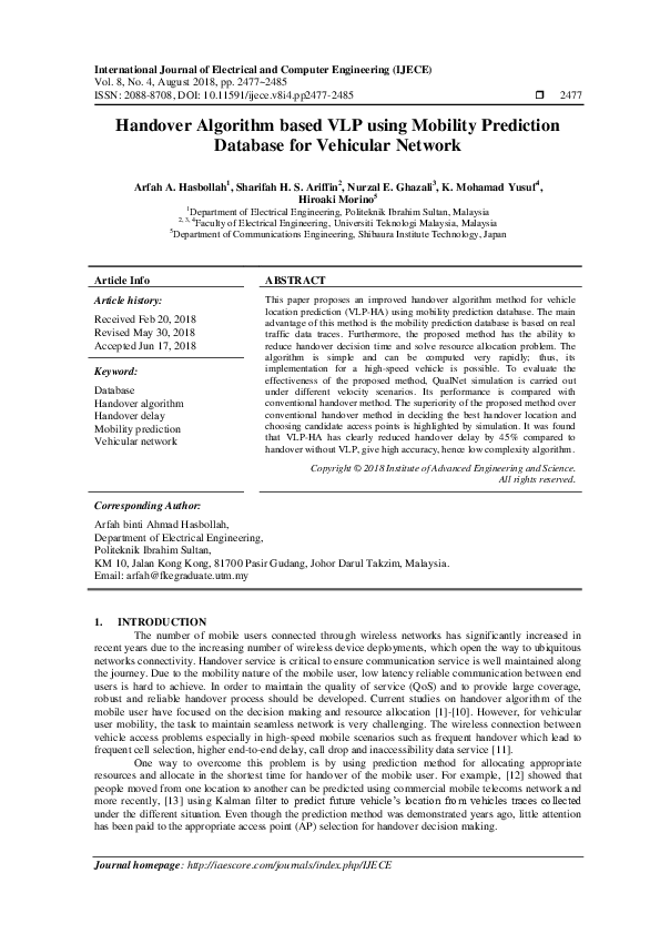 Pdf Handover Algorithm Based Vlp Using Mobility Prediction Database