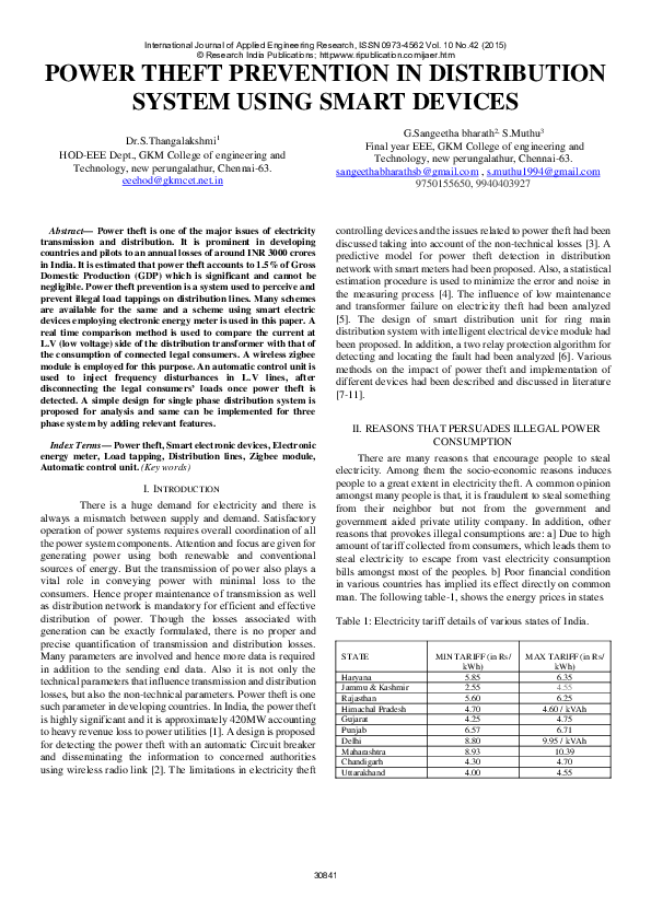 (PDF) POWER THEFT PREVENTION IN DISTRIBUTION SYSTEM USING SMART DEVICES
