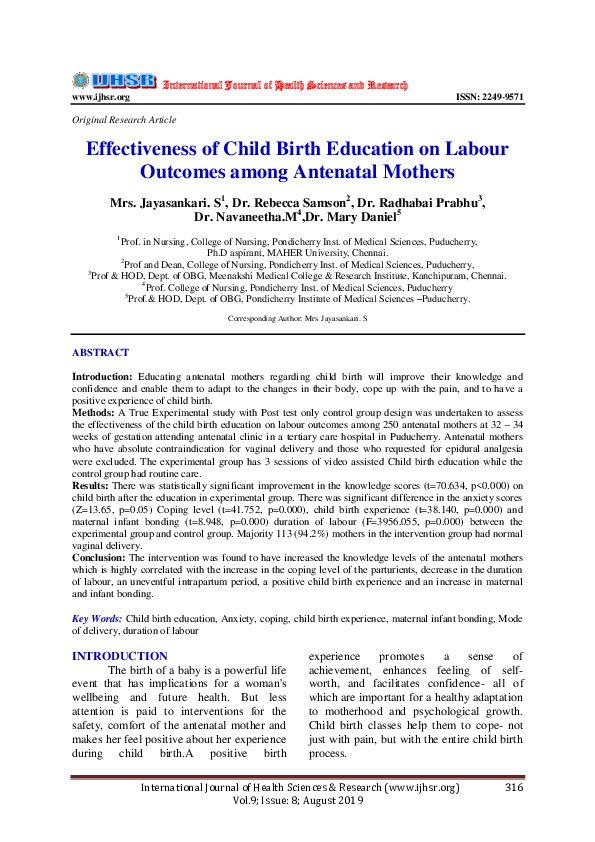 (PDF) Effectiveness of Child Birth Education on Labour Outcomes among ...