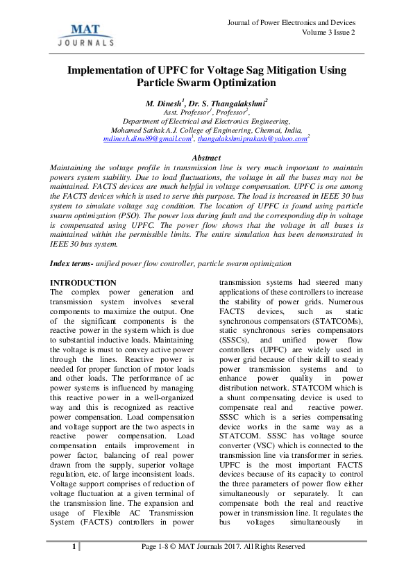 Pdf Implementation Of Upfc For Voltage Sag Mitigation Using Particle