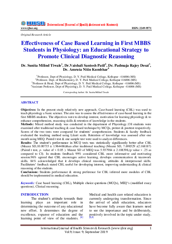 (PDF) Effectiveness of Case Based Learning in First MBBS Students in ...