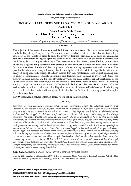 (PDF) Introvert Learners' Need Analysis of English-Speaking Activity
