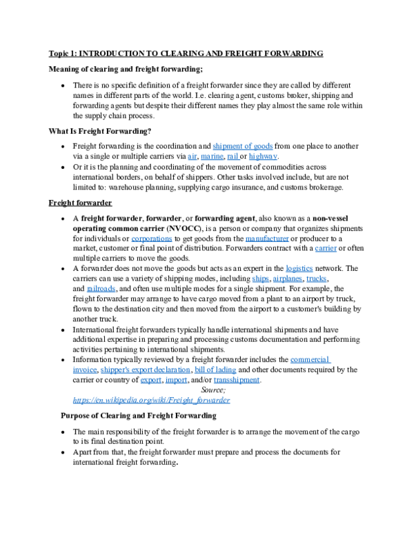 (DOC) Topic 1: INTRODUCTION TO CLEARING AND FREIGHT FORWARDING Meaning ...